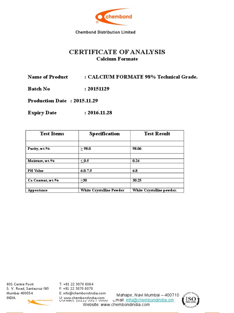 COA Calcium Formate | PDF