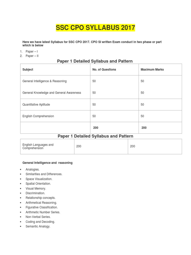 SSC Cpo Syllabus 2017: Paper 1 Detailed Syllabus and Pattern | PDF ...