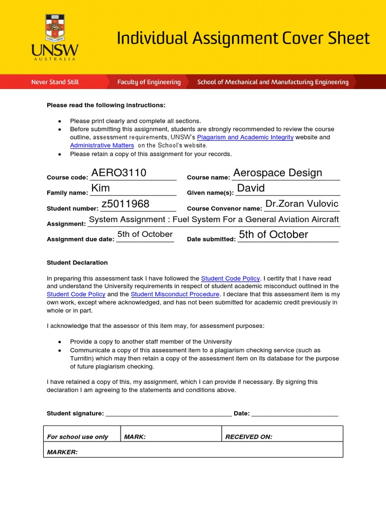 AERO3110 Aerospace Design Kim David z5011968: System Assignment: Fuel ...