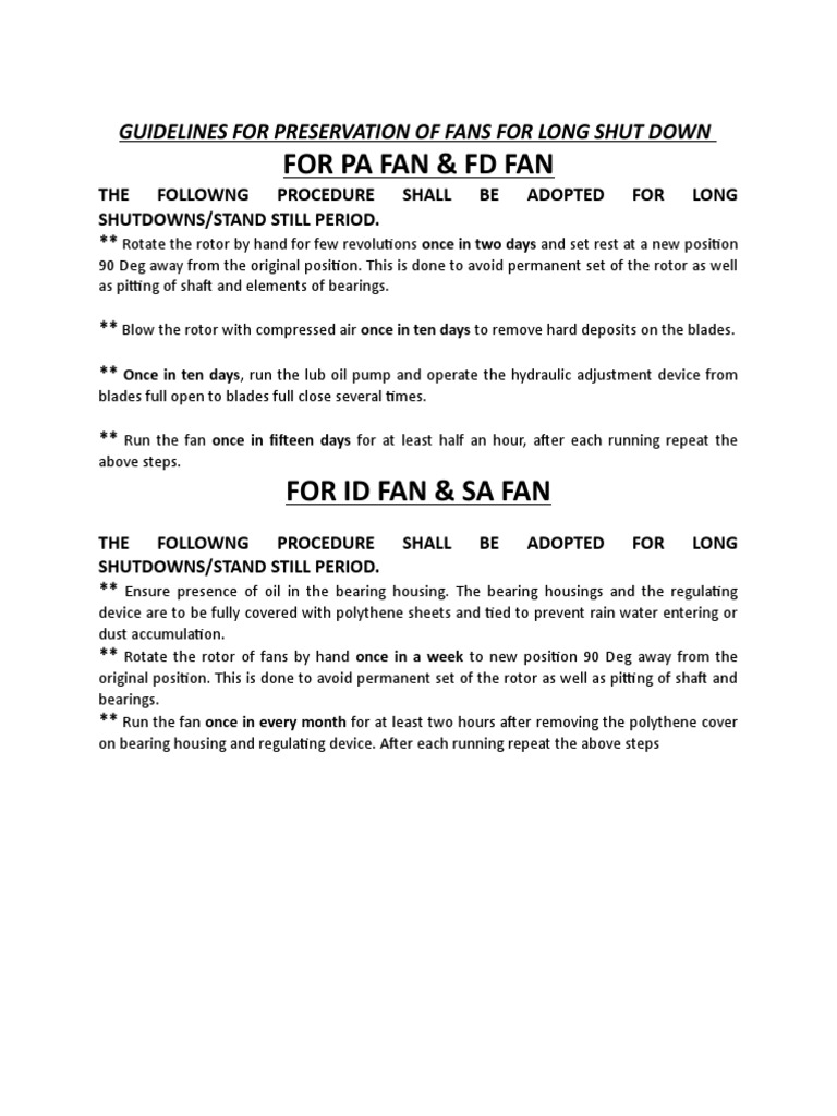 Preservation of Fans For Long Shut Down | PDF