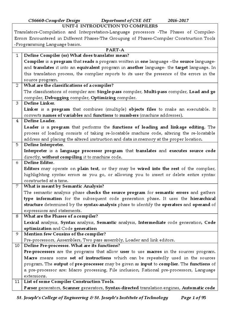 Unit-I Introduction To Compilers: CS6660-Compiler Design Department of CSE &IT 2016-2017 ...