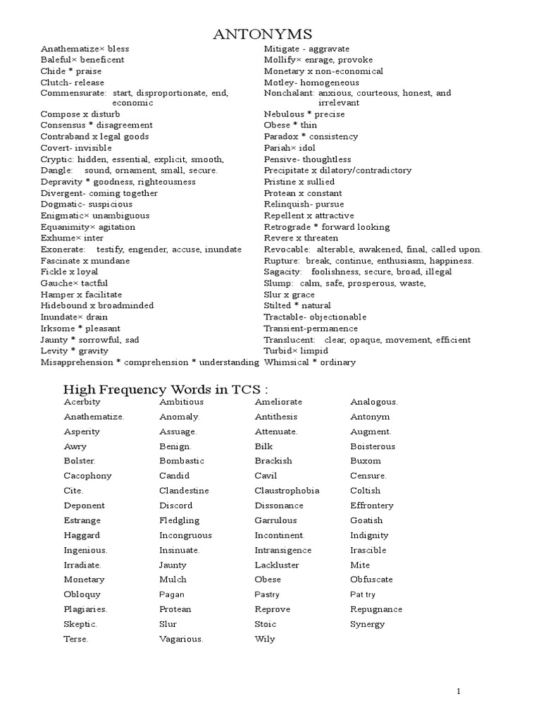 Antonyms: High Frequency Words in TCS | PDF