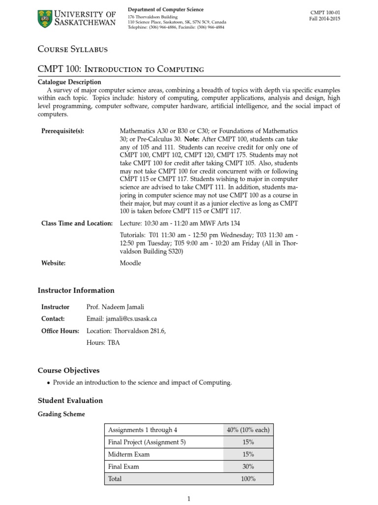 Course Syllabus CMPT 100: Introduction To Computing: Catalogue Description | PDF | Academic ...