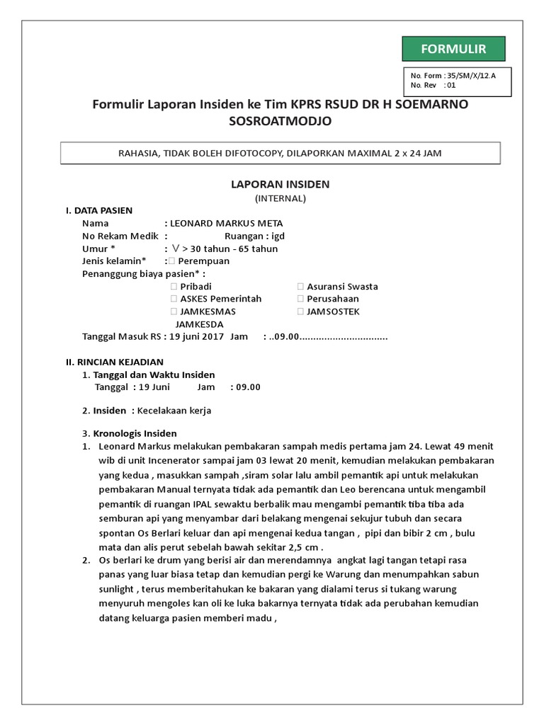 Form KPRS-PATIENT SAFETY-Laporan Insiden Internal | PDF