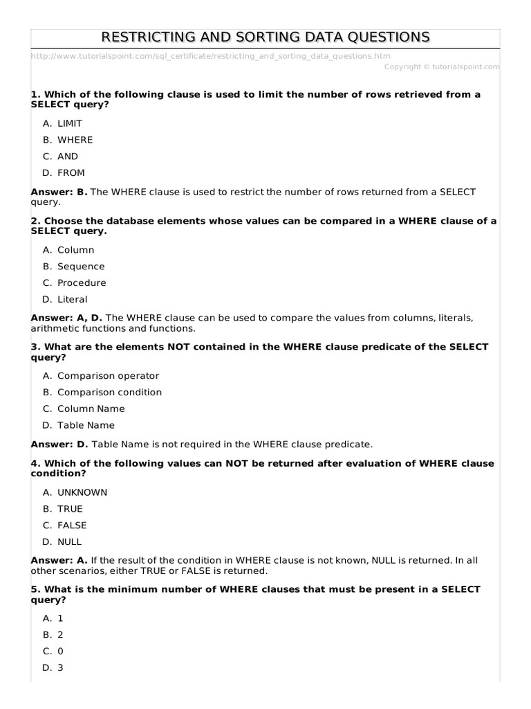 Restricting and Sorting Data Questions PDF | PDF | Sql | Databases