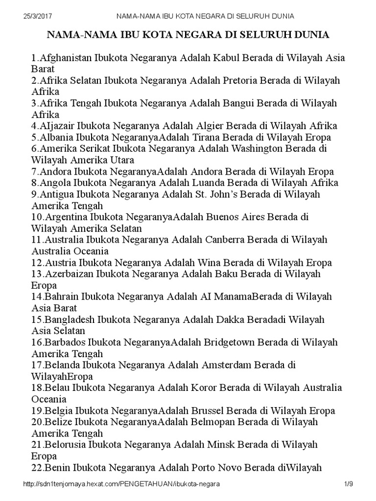 Nama-Nama Ibu Kota Negara Di Seluruh Dunia | PDF