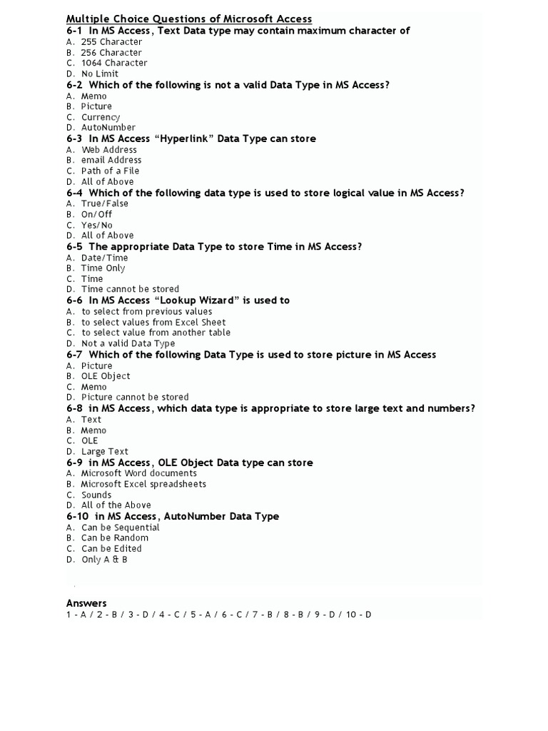 Multiple Choice Questions of Microsoft Access | PDF | Microsoft Access ...