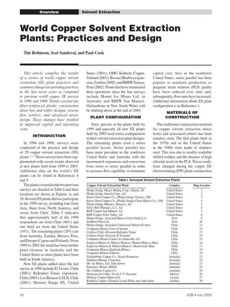 World Copper Solvent Extraction Plants: Practices and Design | PDF ...