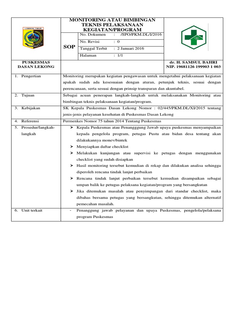 SOP Monitoring Bimbingan Teknis | PDF