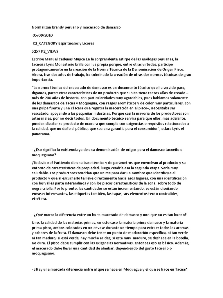 Normalizan Brandy Peruano y Macerado de Damasco | PDF | brandy | Uva