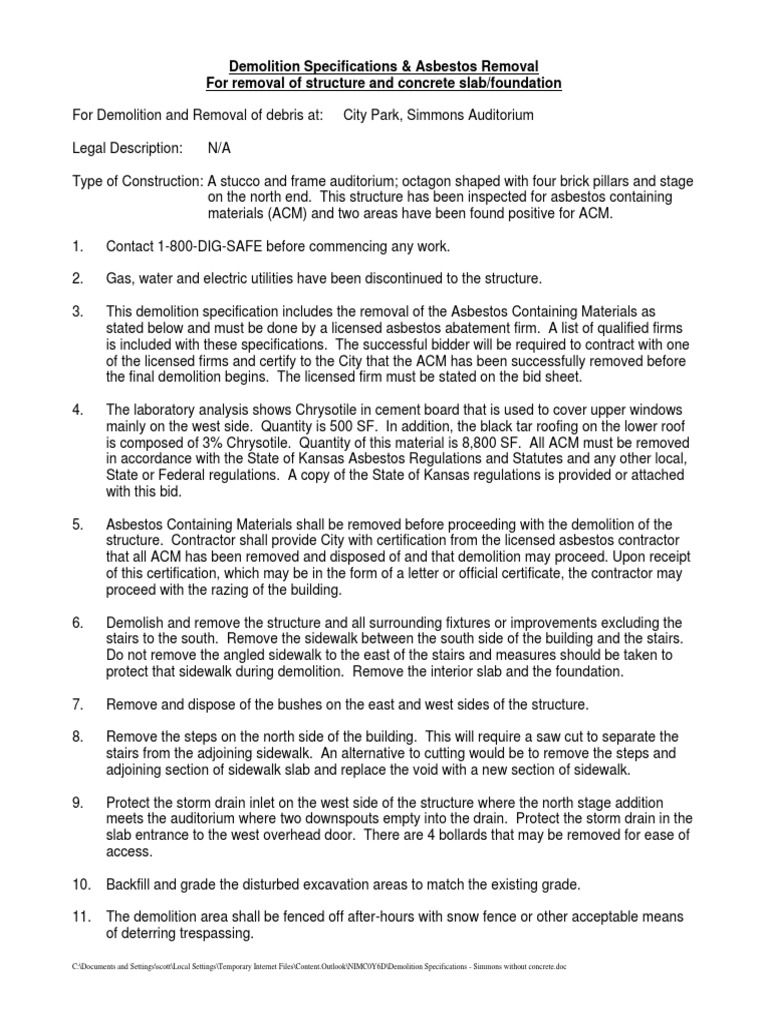 Demolition Specifications & Asbestos Removal | PDF | Demolition | Asbestos