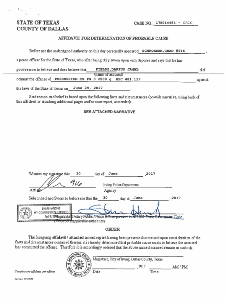 Fields Arrest Warrant Affidavit Poss CS PG 3 | PDF