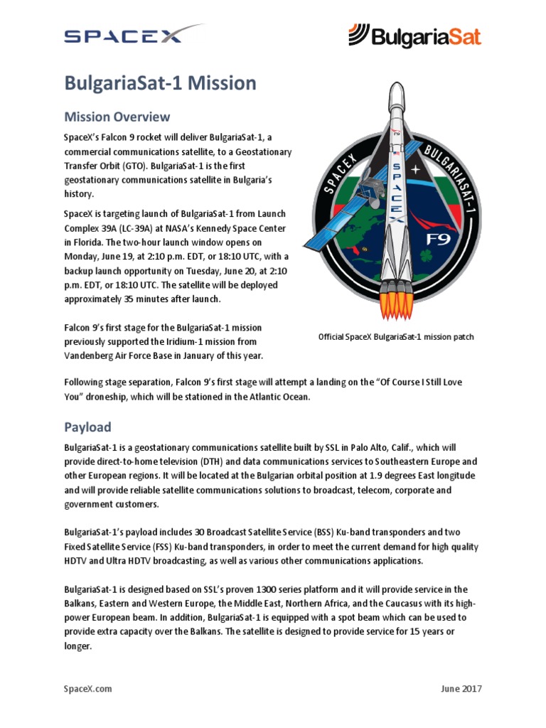 Bulgaria Sat 1 Press Kit | PDF | Kennedy Space Center Launch Complex 39 ...