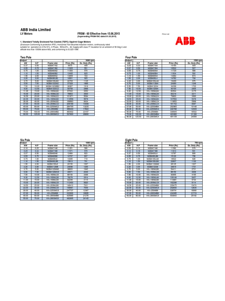 ABB LV Motor Price List PDF | PDF | Engines | Excise