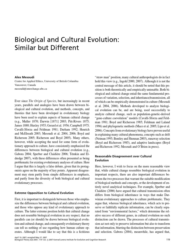 Biological and Cultural Evolution Similar But Different | PDF | Sociocultural Evolution | Evolution