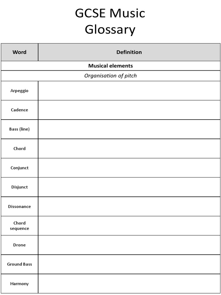 GCSE Music Glossary: Word Musical Elements | PDF