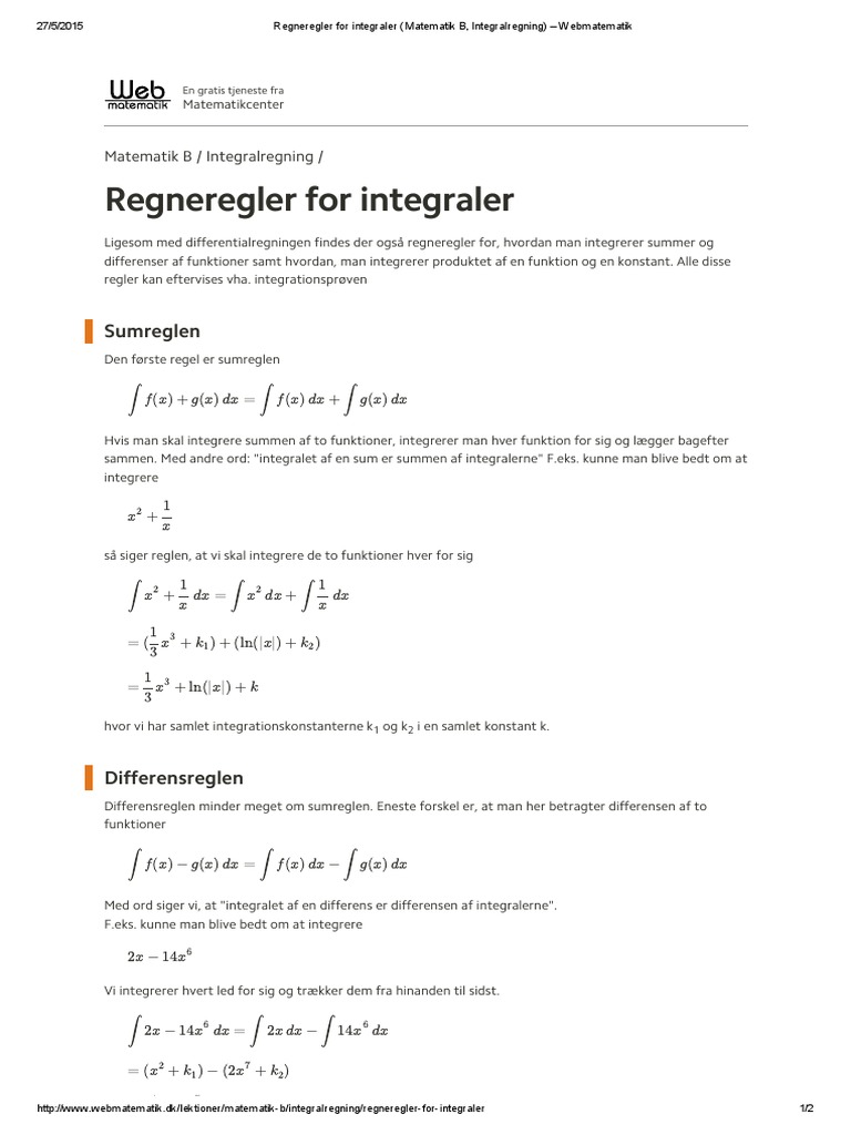 Regneregler for Integraler (Matematik B, Integralregning) – Webmatematik