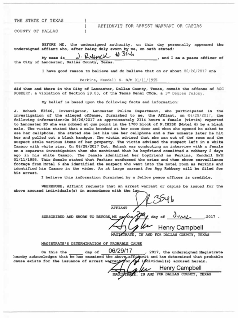 Arrest Warrant: Kendall Perkins | PDF