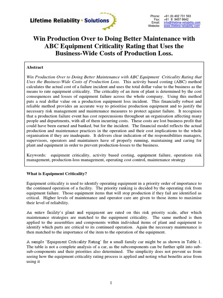 ABC Equipment Criticality Rating Guide | PDF | Risk | Transmission ...