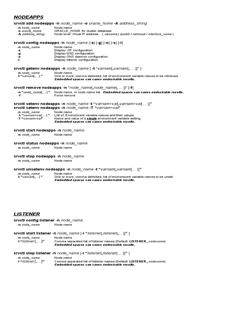SRVCTL Command Sheet | PDF | Command Line Interface | Databases