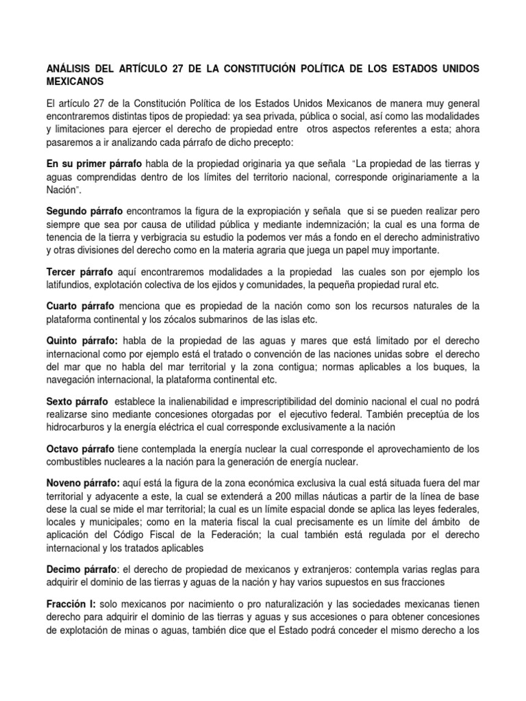 Análisis Del Artículo 27 de La Constitución Política de Los Estados ...