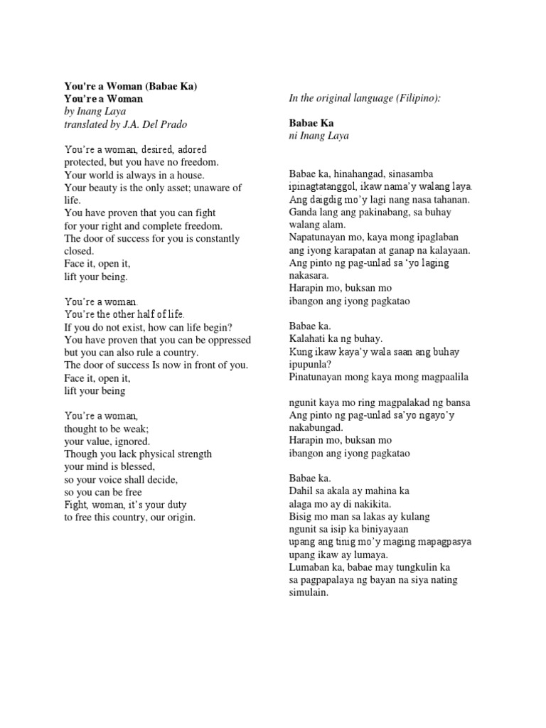 By Inang Laya Translated by J.A. Del Prado in The Original Language ...