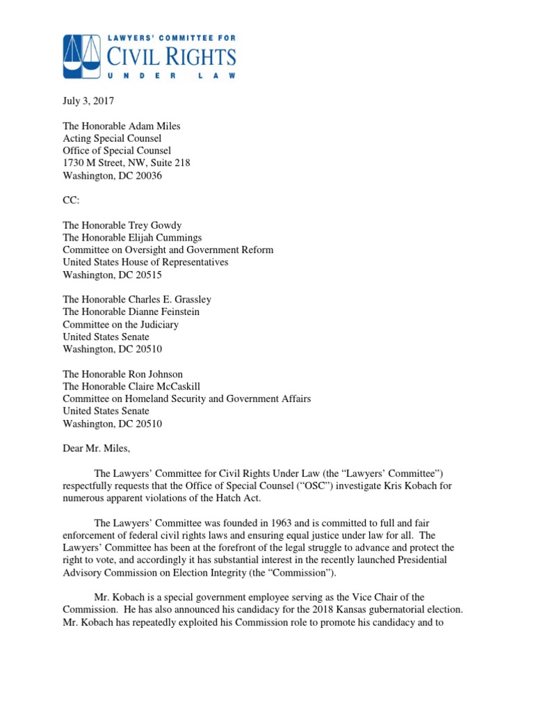 Hatch Act Letter With Exhibits 7-3-17 | PDF | Kris Kobach | Presidents ...