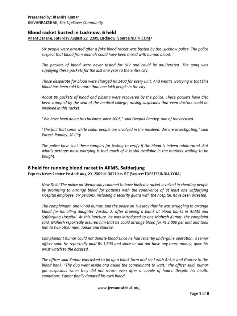 Blood Racket Busted in Lucknow, 6 Held: Presented By: Jitendra Kumar ...