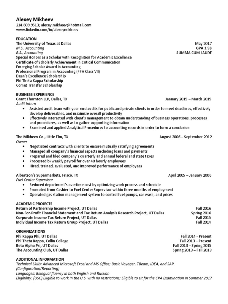 Resume - Alexey Mikheev Grad 2017 | PDF | University Of Texas At Dallas ...
