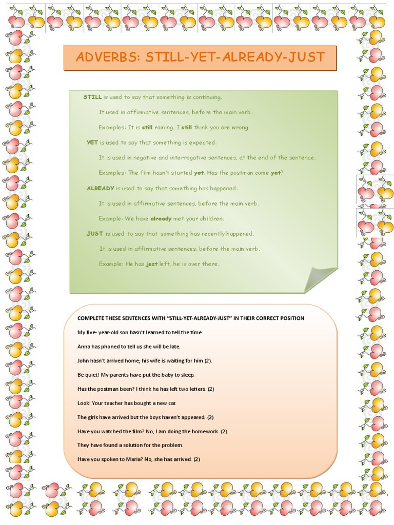 Adverbs Explained: Still, Yet, Already, Just | PDF | Verb