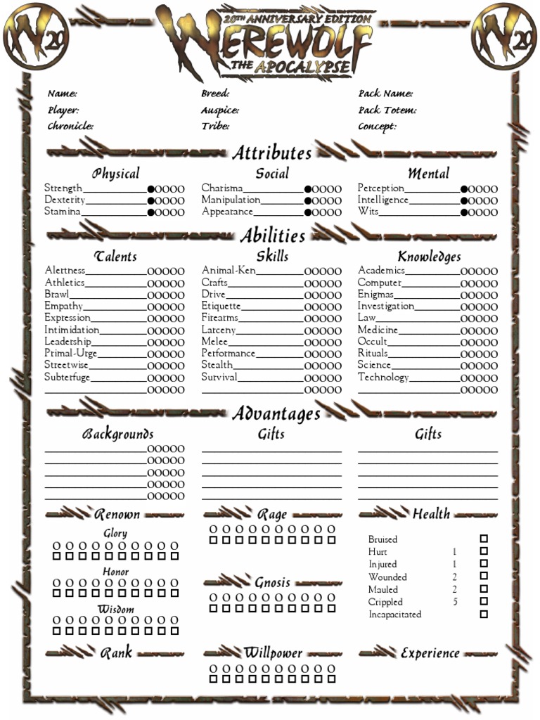 W20 - 4-Page Character Sheet (Interactive) | PDF | Leisure | Sports