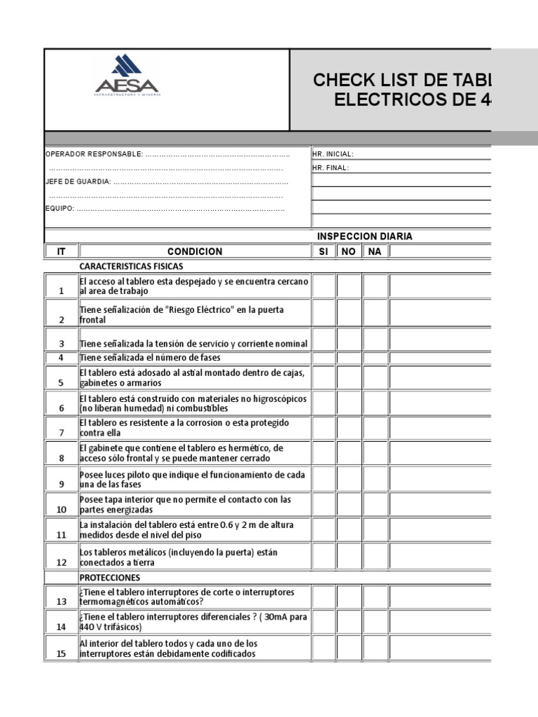 Check List De Tableros Eléctricos De 440 V Xlsx Corriente Eléctrica