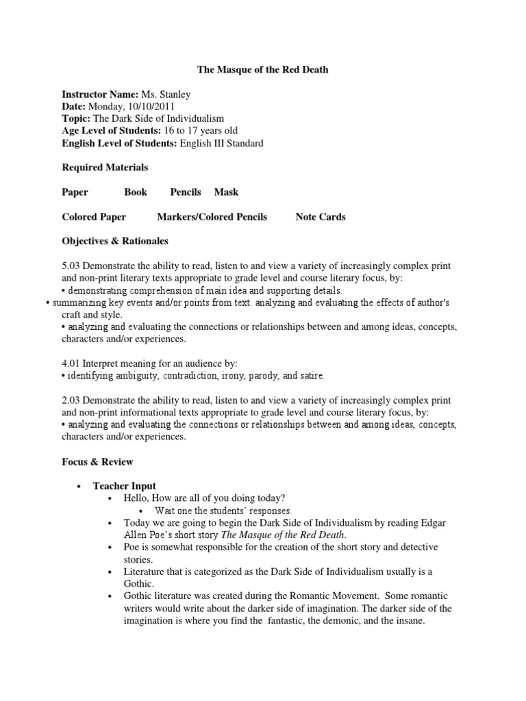 The Masque of The Red Death Lesson Plan2 | PDF | Gothic Fiction | Edgar ...