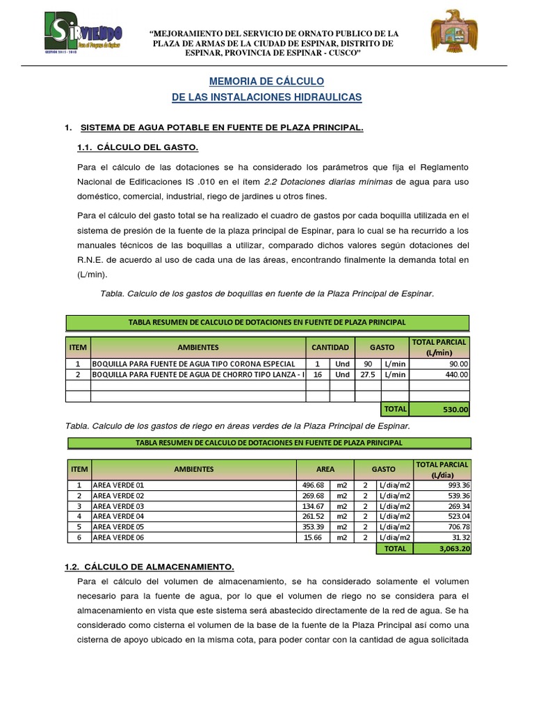 Memoria de Calculo Instalacion de Agua Potable | PDF | Fuente | Bomba