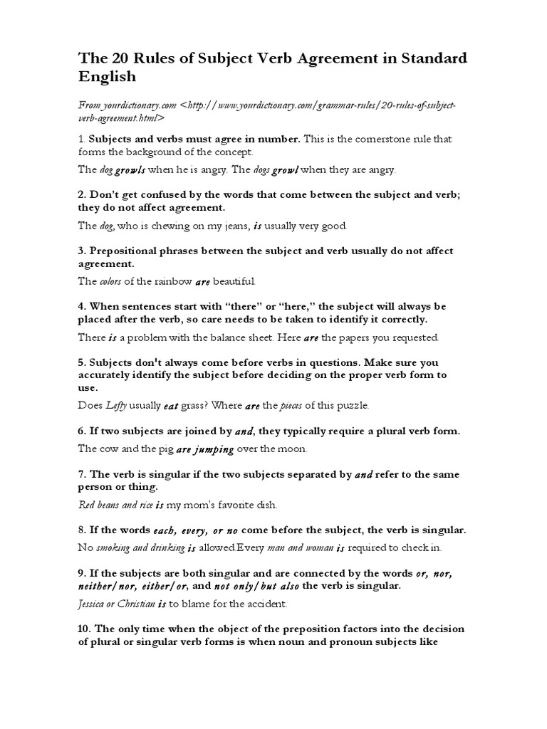 The 20 Rules of Subject Verb Agreement in Standard English | Download Free PDF | Plural ...