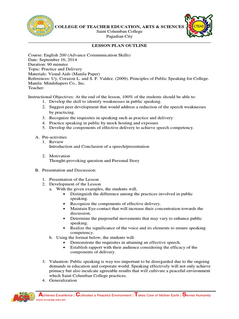 English 200 Lesson Plan Public Speaking Lesson Plan