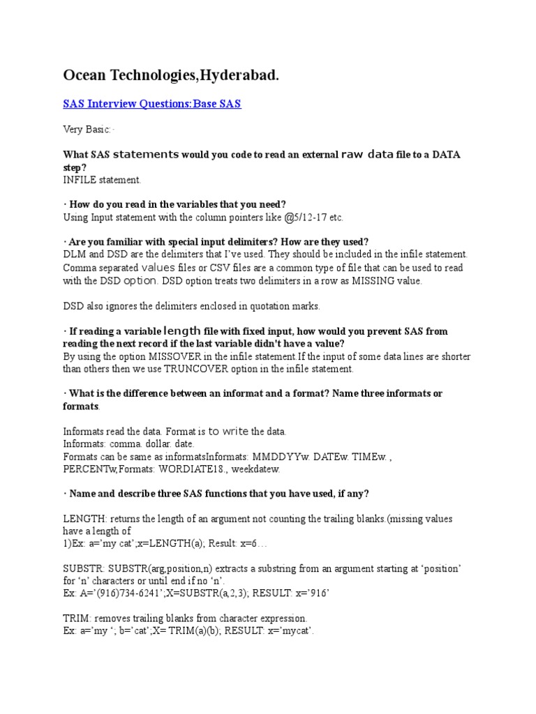 Ocean Technologies, Hyderabad.: SAS Interview Questions:Base SAS | PDF | Sas (Software ...