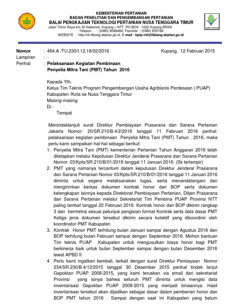 Surat Untuk Ketua Tim Teknis Kab 2016 Terkait Kontrak PMT-2 | PDF