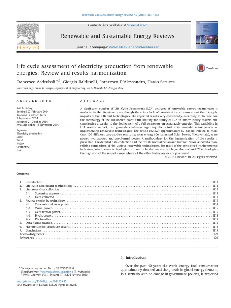 Life Cycle Assessment of Electricity Production From Renewable ...