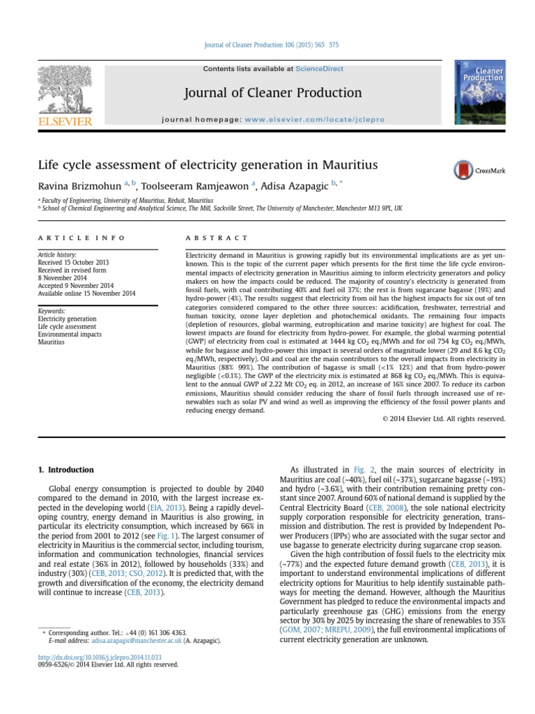 Life Cycle Assessment of Electricity Generation in Mauritius - SIMAPRO ...