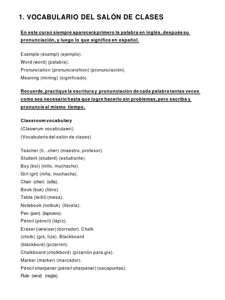1.-Vocabulario Del Salon de Clases | PDF | Escritura | Informática y ...