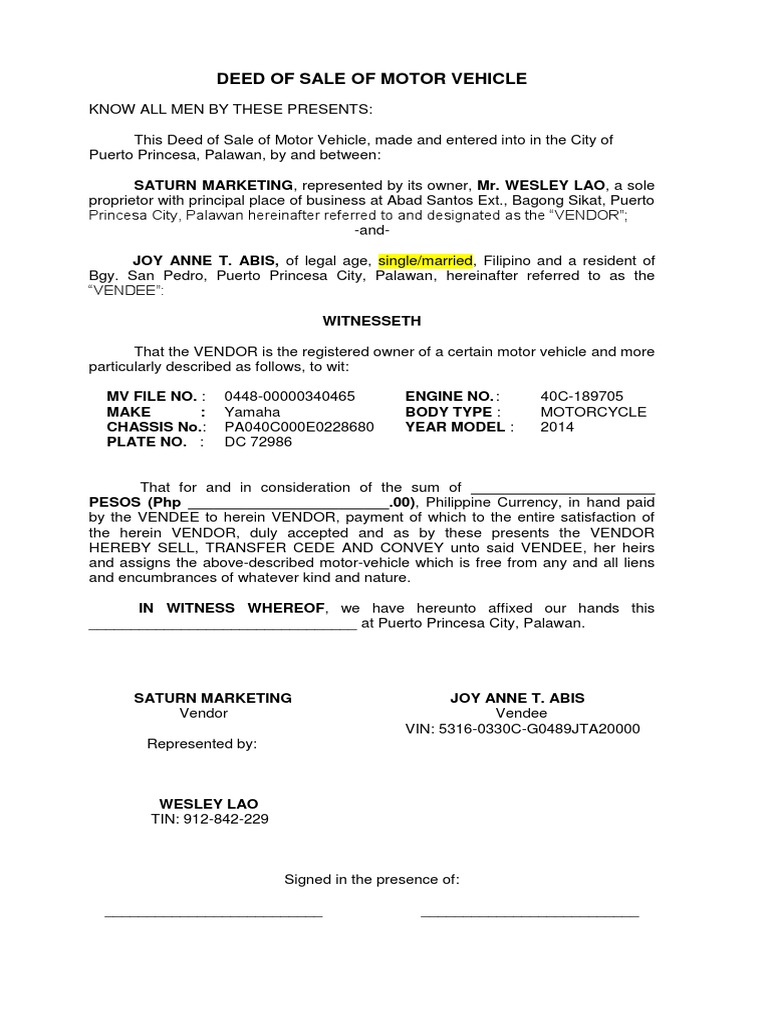 Sample Deed Of Sale Of Motor Vehicle - vrogue.co Sample Deed Of Sale Of Motor Vehicle - vrogue.co
