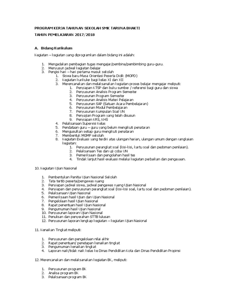 Program Kerja Tahunan Sekolah SMK Taruna Bhakti | PDF
