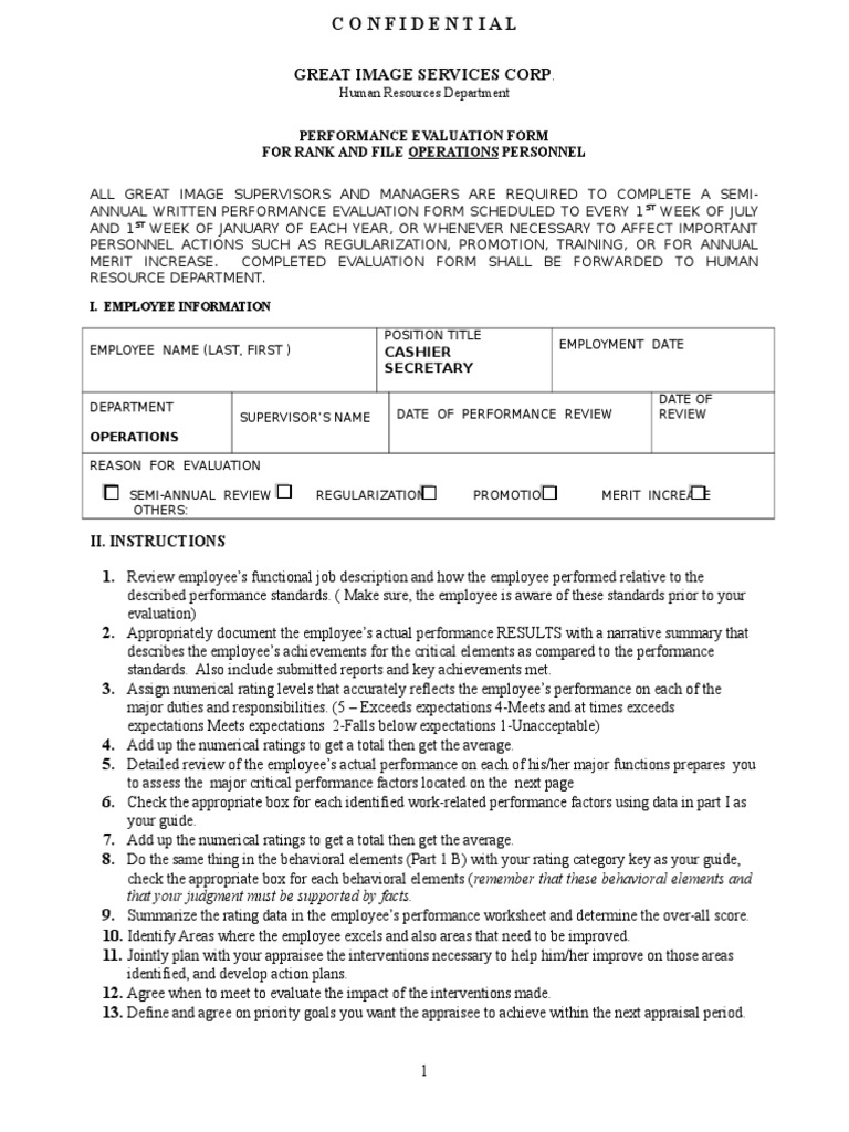 BRANCH CASHIER-SEC EVALUATION FORM.doc | Performance Appraisal | Employment