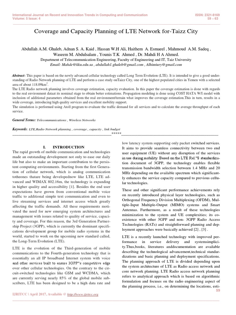 Coverage and Capacity Planning of LTE Network For-Taizz City | PDF ...