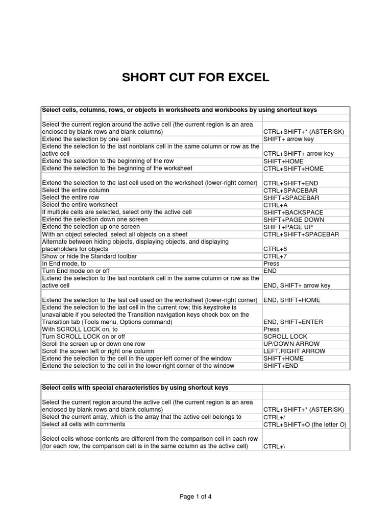 Short Cut For Excel: Select Cells, Columns, Rows, or Objects in Worksheets and Workbooks by ...
