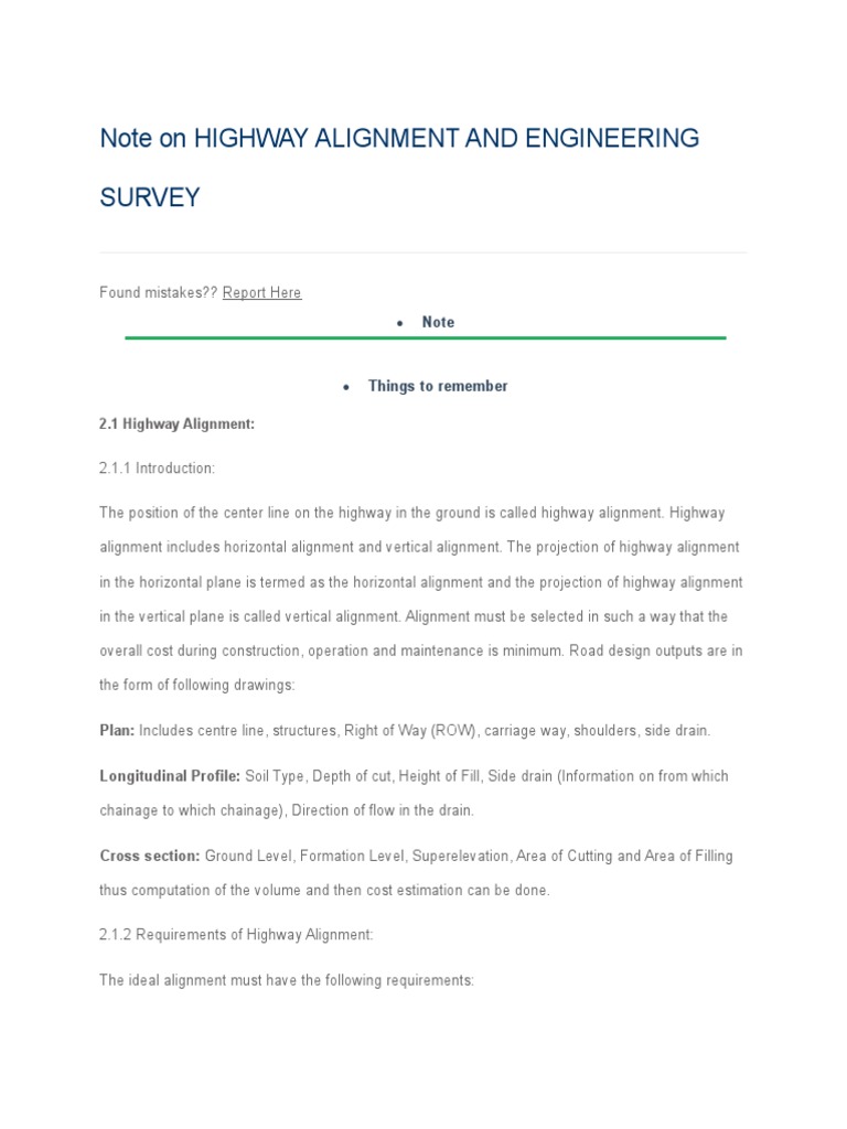 Note On Highway Alignment and Engineering Survey | PDF | Surveying ...