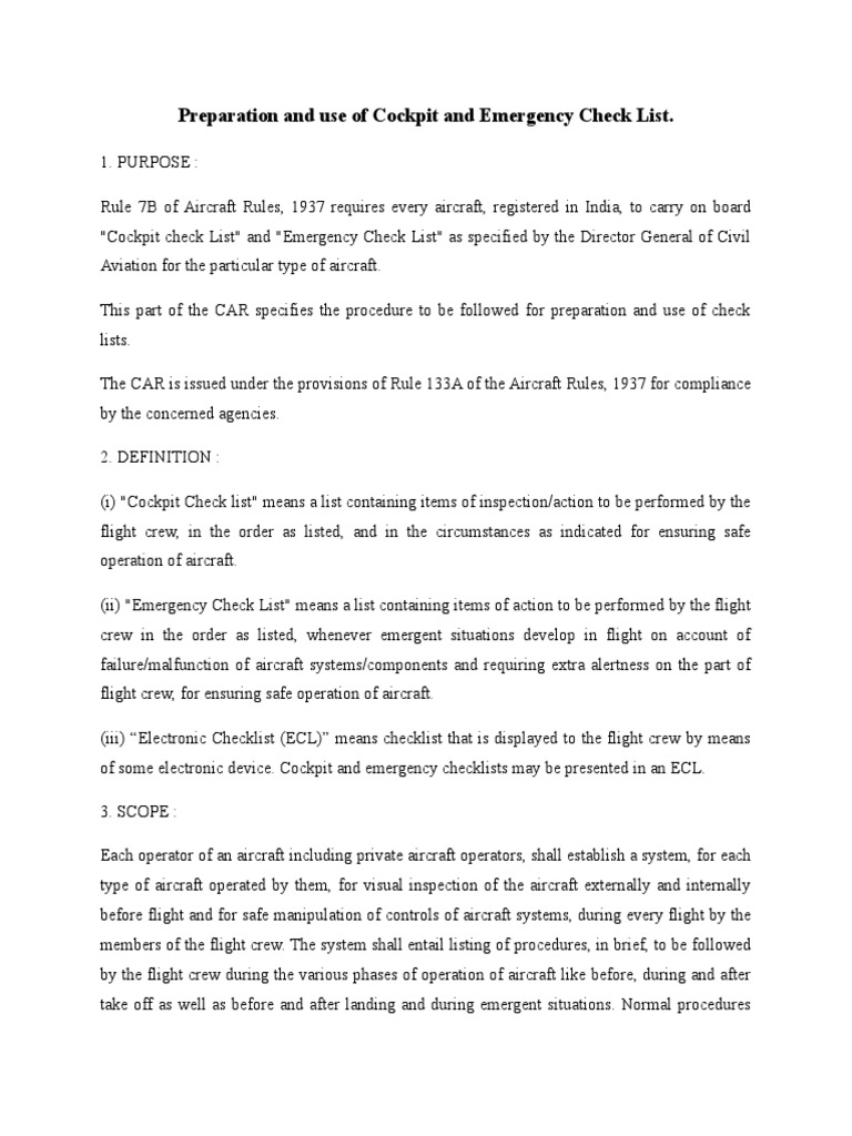 Preparation and Use of Cockpit and Emergency Check List | PDF | Cockpit ...