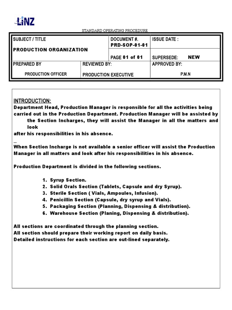 Production Officer P.M.N: Standard Operating Procedure | PDF