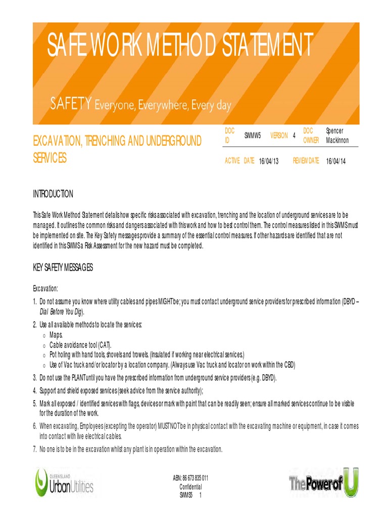Safe Work Method Statement: Excavation, Trenching and Underground Services | PDF ...